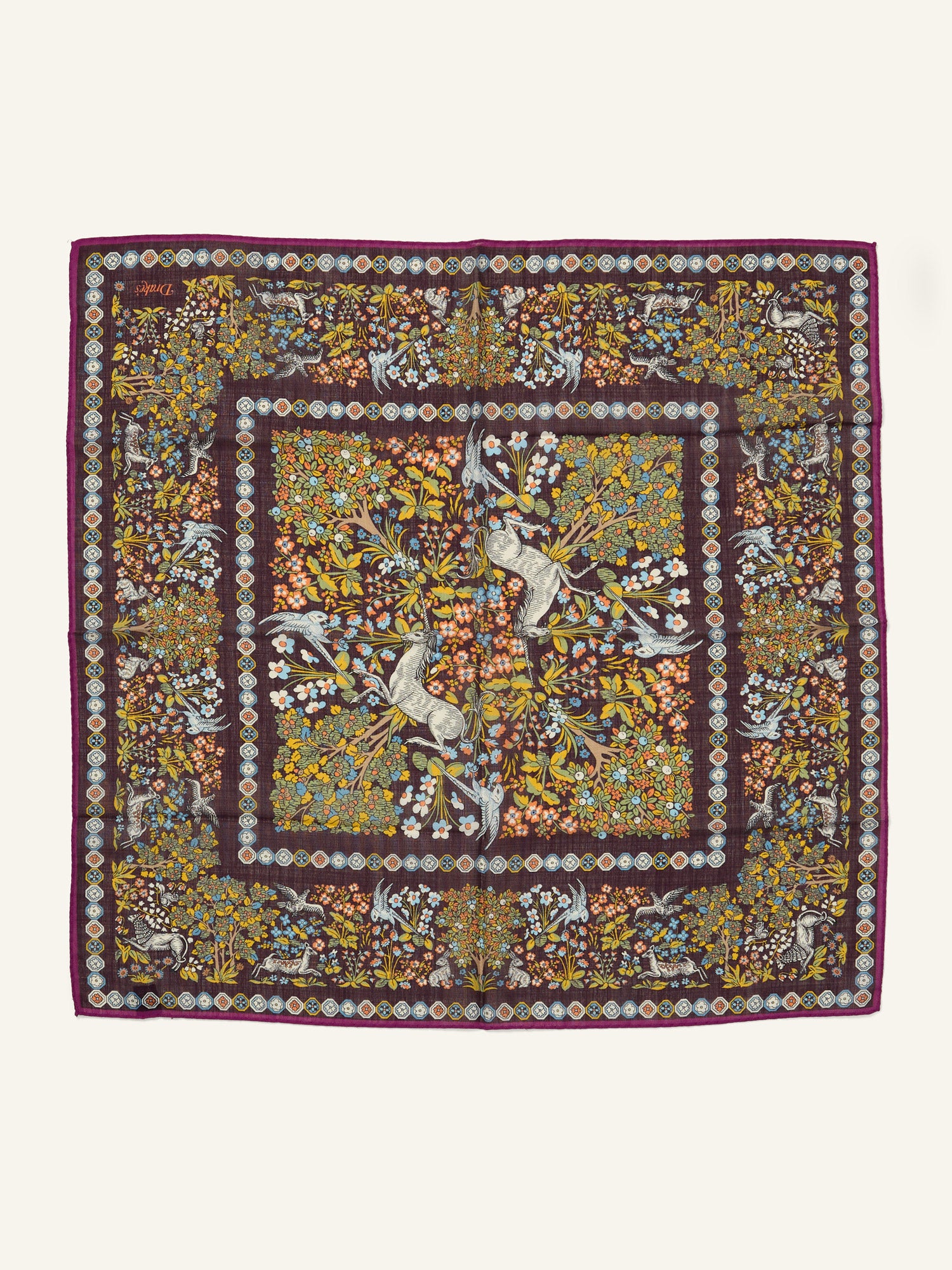 Drake's Mythical Forest Print Wool/Silk Bandana Aubergine